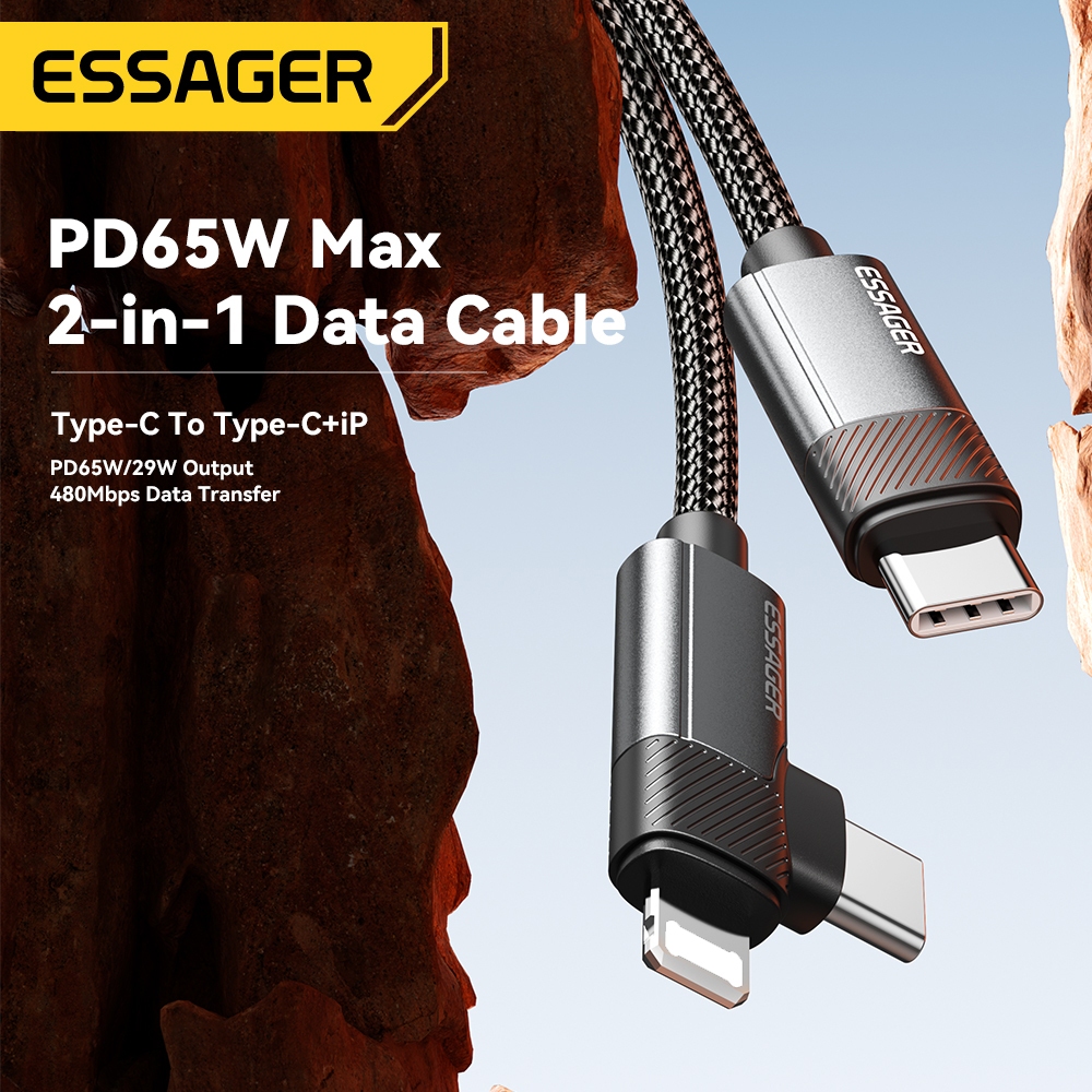 Essager 65W ประเภท C/USB-A ถึง L+ C สาย 2 ใน 1 Fast Charging สายไฟอะแดป ...