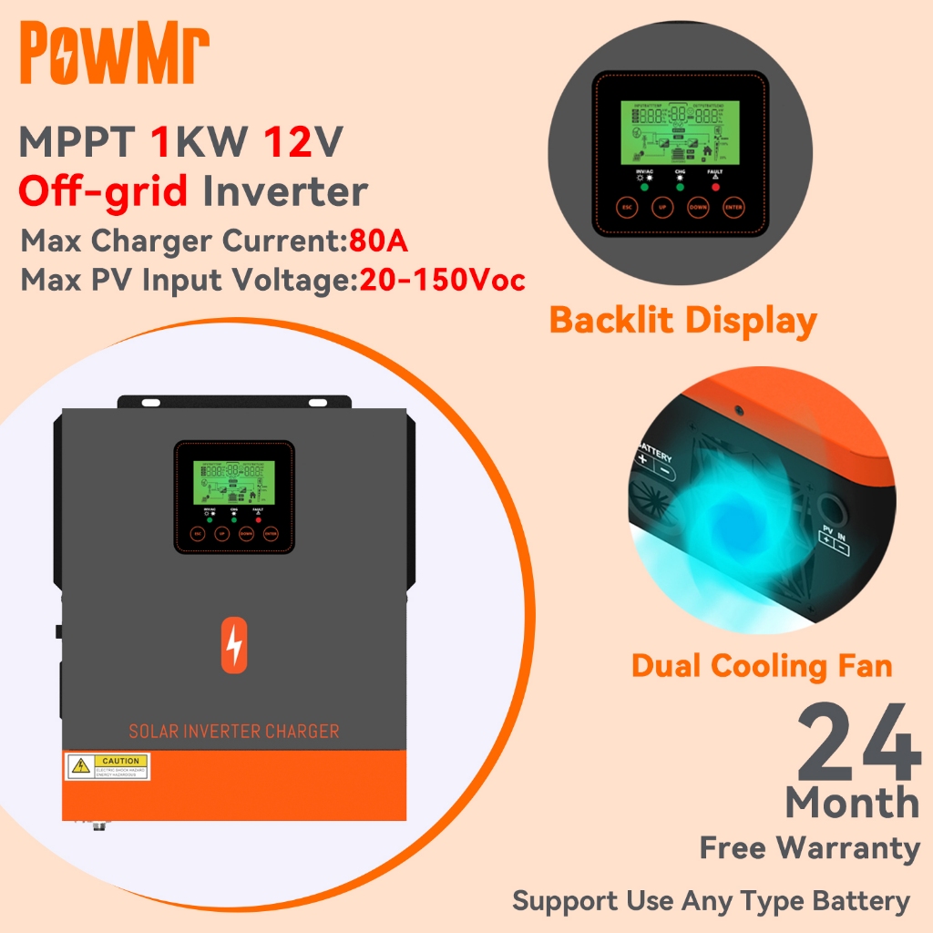 Powmr 1KW 12V Hybrid Solar Inverter 230Vac PV Start แรงดันไฟฟ ้ า 20Voc ในตัว 80A MPPT Solar ...