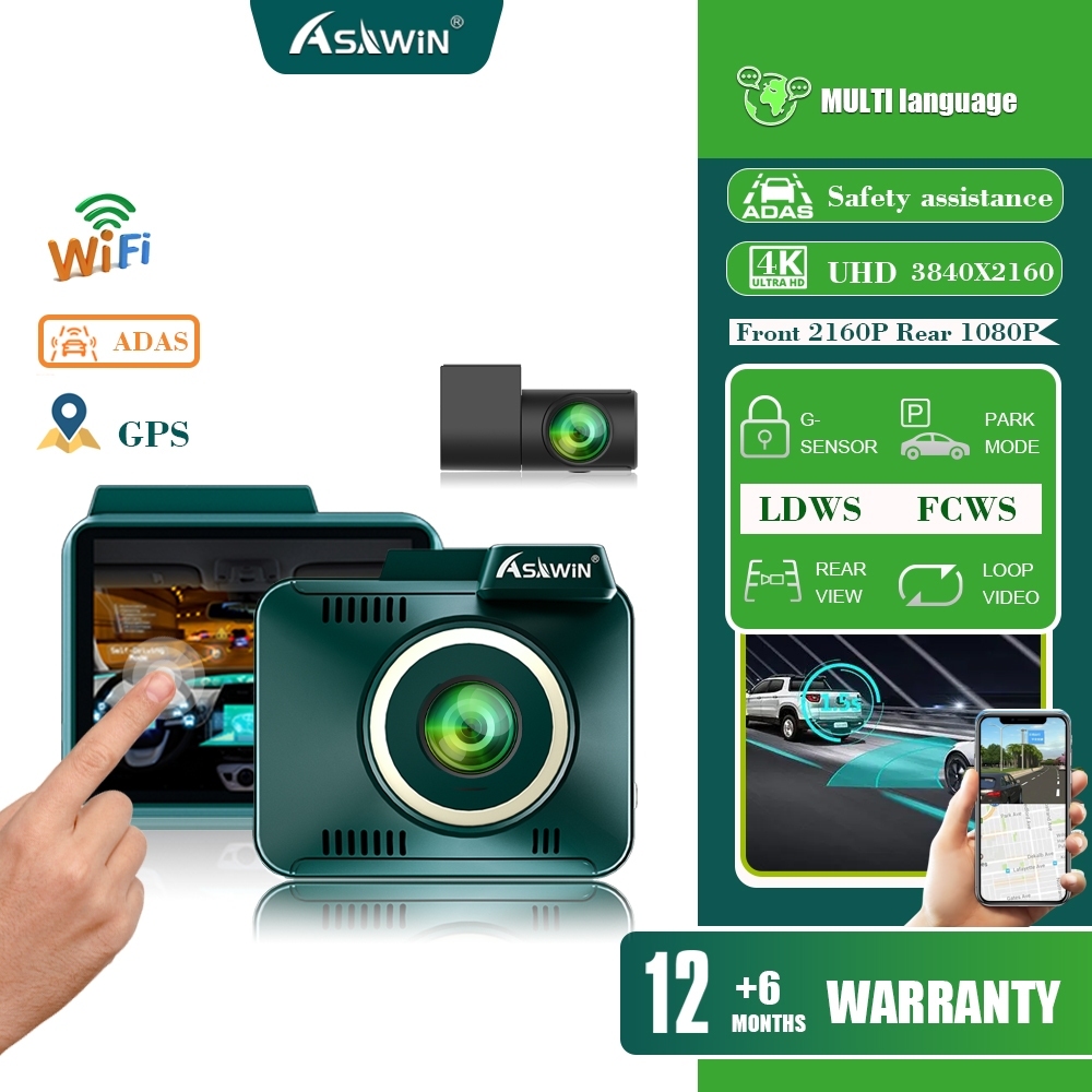 Asawin A18 4K ADAS Dash Cam Wifi Gps กล้องติดรถยนต์ ด้านหน้า และด้านหลัง 2.35 นิ้ว หน้าจอสัมผัส ...