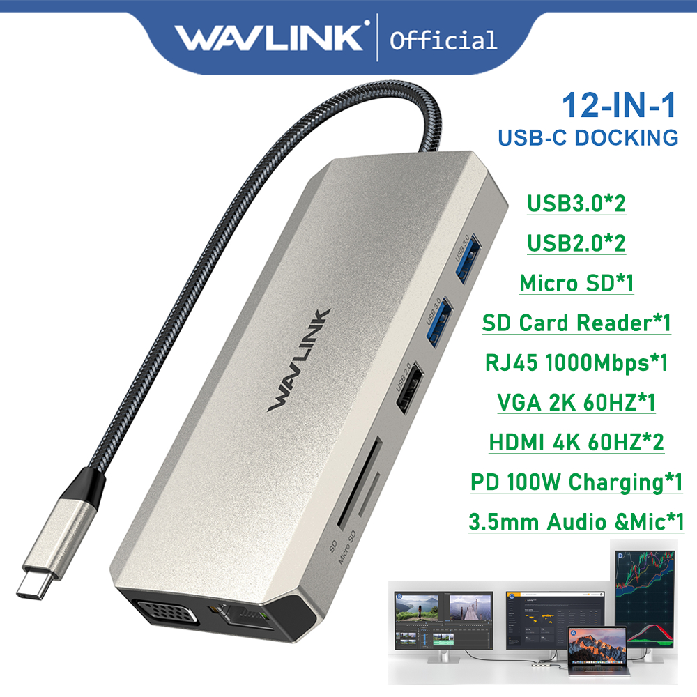 Wavlink USB C 12-in-1 Hub Docking Station Triple Display Adapter พร้อมการชาร์จแล็ปท็อป HDMI VGA ...