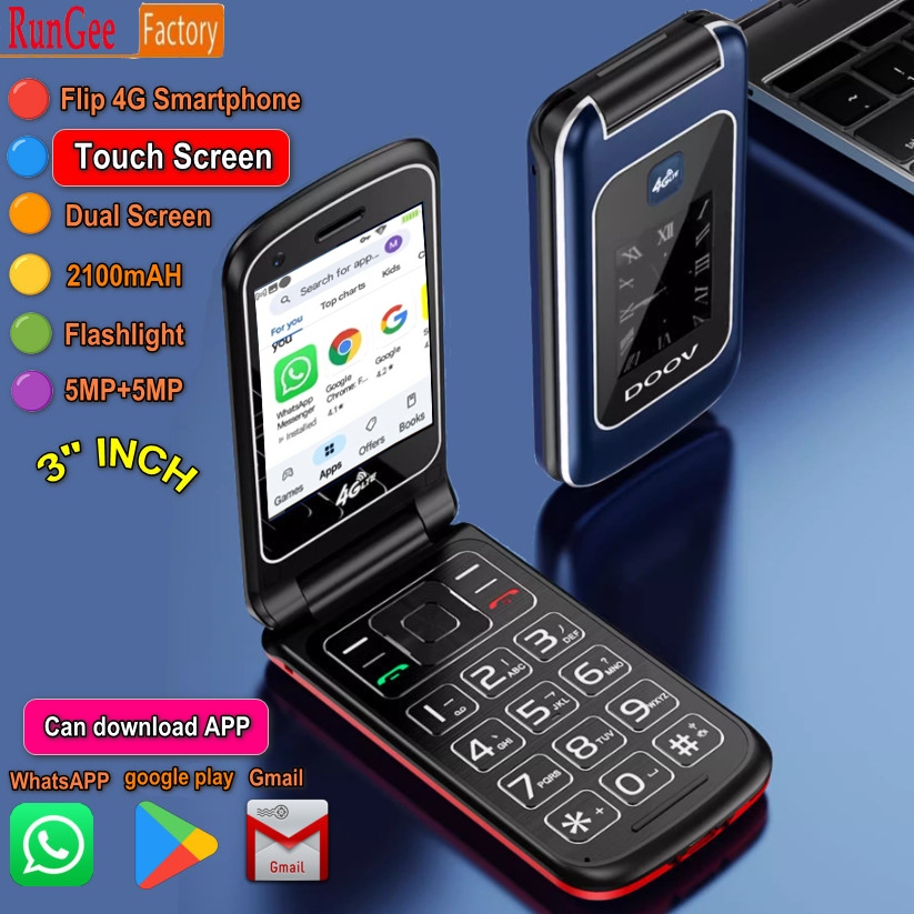 Rungee zello Flip หน้าจอสัมผัสอัจฉริยะ โทรศัพท์ Android, wifi, Bluetooth, FM, 2.8 นิ้ว, Android8 ...