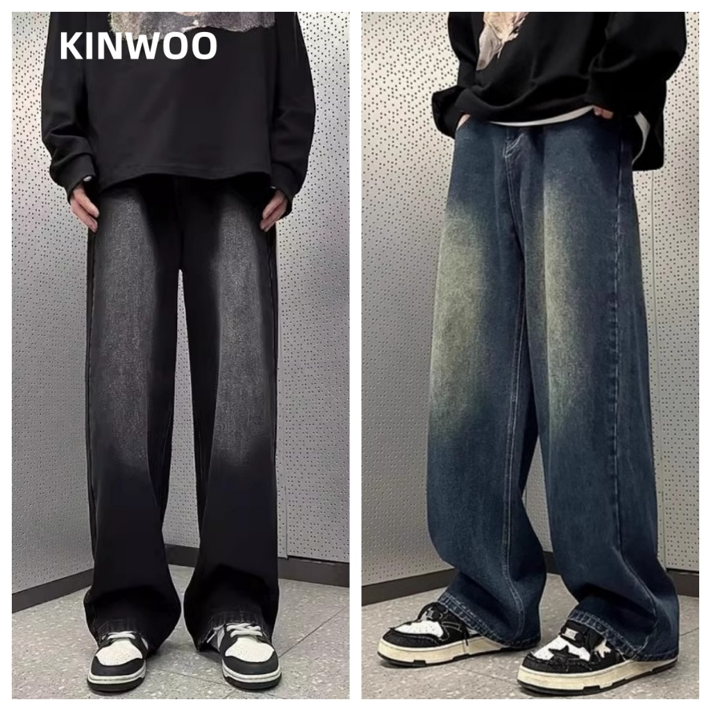 Kinwoo กางเกงยีนส์ทรงตรงสไตล์อเมริกันวินเทจ ผู้ชายฤดูร้อนออกแบบความ ...