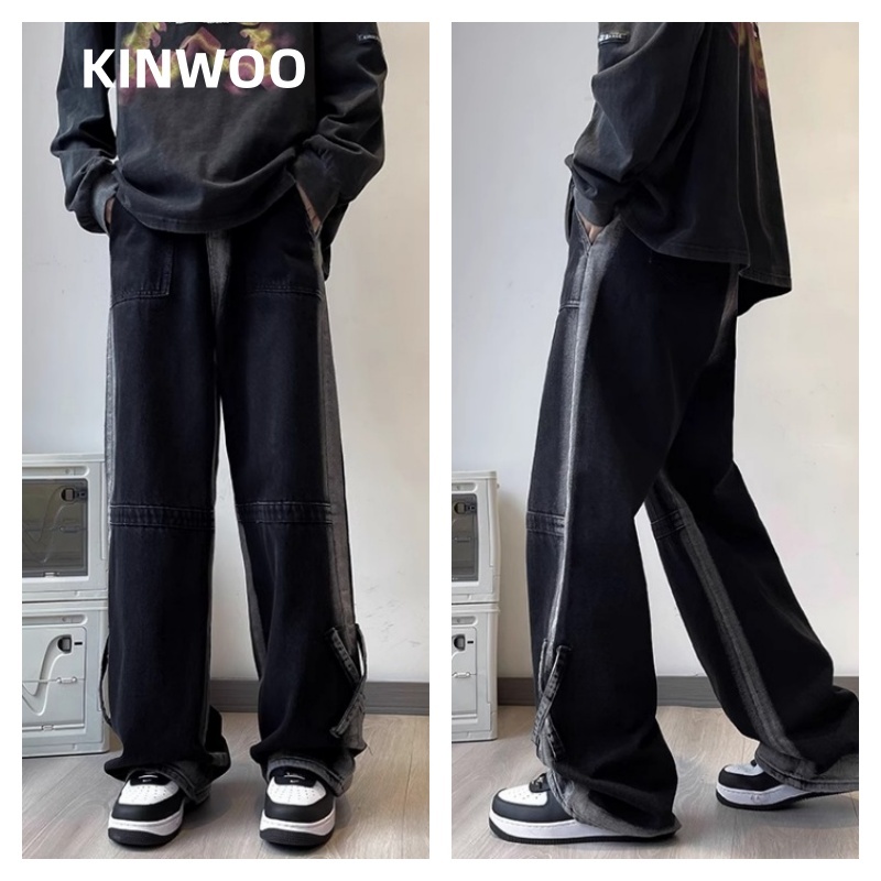Kinwoo กางเกงยีนส์ย้อมสีย้อมแบบเรโทรไล่ระดับสี อเมริกันสตรีทฮิปฮอป ...