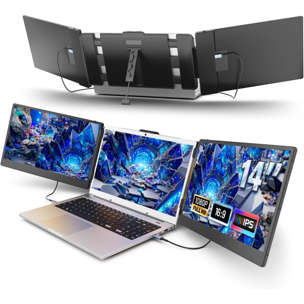14 "หน้าจอแล็ปท็อป Extender, FHD 1080P IPS Triple Portable Monitor ...
