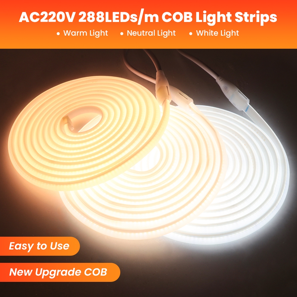 แถบ LED COB 220V พร้อมปลั๊ก EU ฟรี แถบ COB สว่างเป็นพิเศษ 288LED/m กัน ...