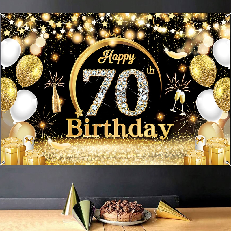 Happy 70th วันเกิดฉากหลังสีดําและสีขาวตกแต่งงานเลี้ยงวันเกิด Glitter ...