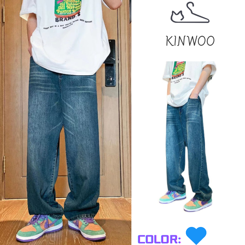 Kinwoo กางเกงยีนส์ ในสต็อก กางเกงขายาว ประเภทคู่ กางเกงทรงตรง หลวม ...