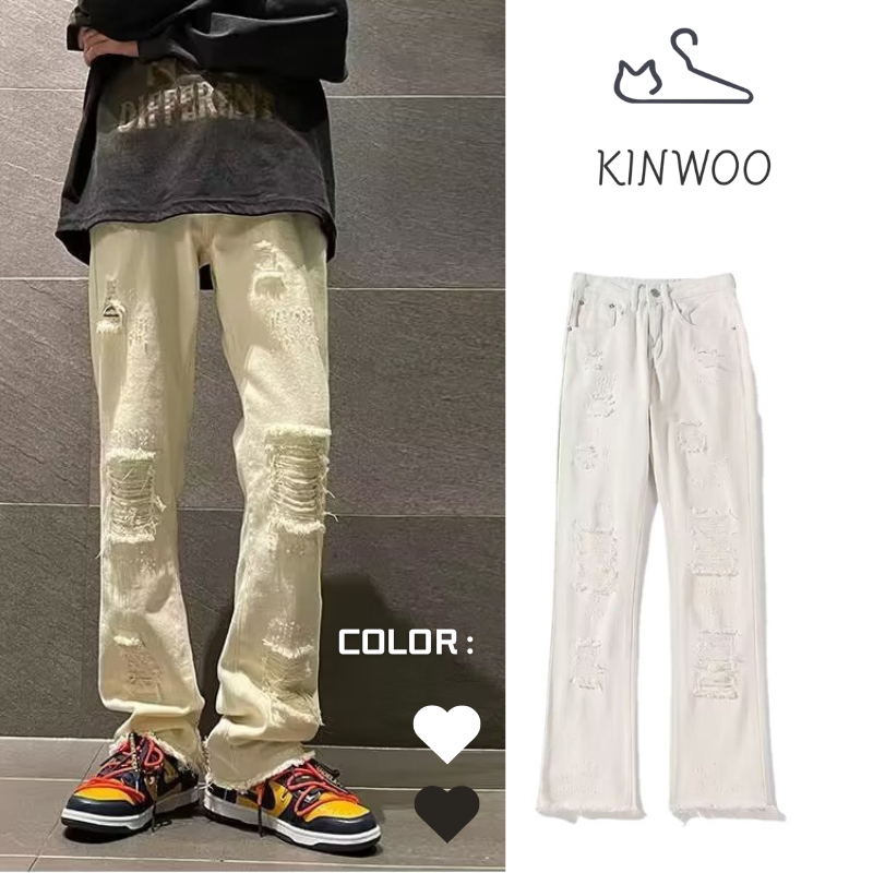 Kinwoo กางเกงยีนขายาว แบบบาง เข้ารูป แฟชั่นฤดูร้อน สไตล์อเมริกัน ...