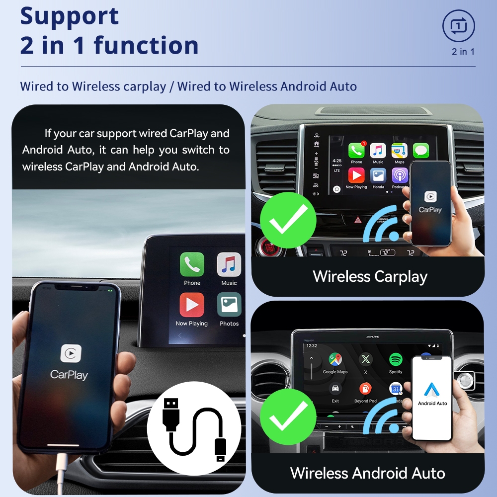 Xda แบบมีสายกับไร้สาย Mini 2 in 1 AI Box Carplay 5G Wif & Bluetooth 5.0 ...