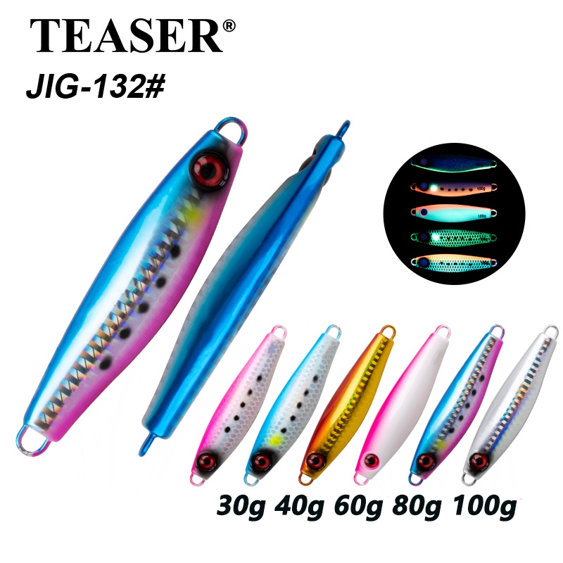 TEASER【J132】1PC ช้าโลหะ Jigging Lure 30g 40g 60g 80g 100g Fish Eye Laser Luminous Fishing Lure ...