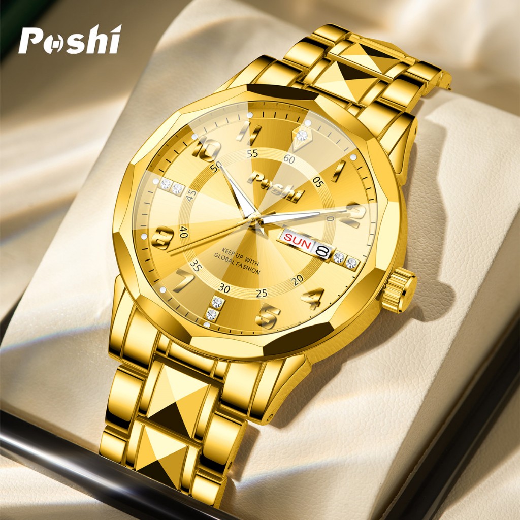 POSHI Jam Tangan Lelaki ควอตซ์นาฬิกาธุรกิจผู้ชายกันน้ําสีทองสแตนเลส ...