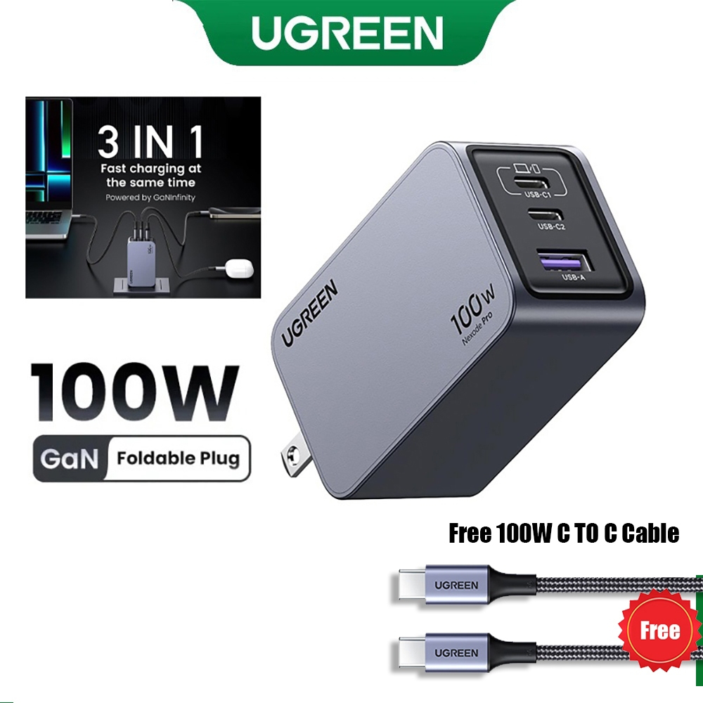 Ugreen Nexode Pro 100W GaN USB C Fast Charger พอร์ตชาร์จ 3 พอร์ต Fast Charging Wall Charger ...