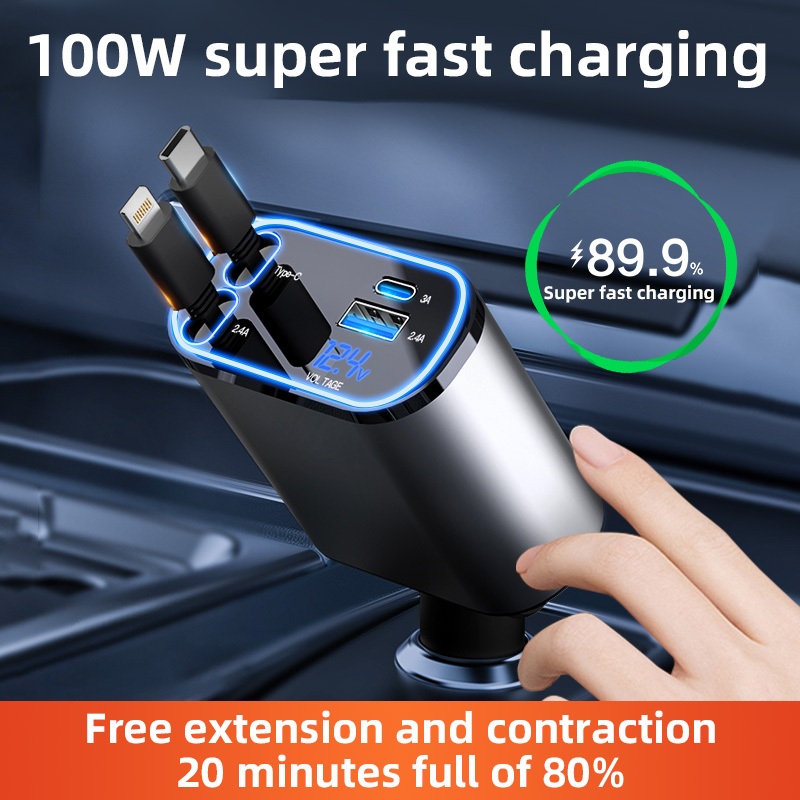 100w 4 in 1 Retractable Car Charger โทรศัพท์มือถือ Super Fast charge ...
