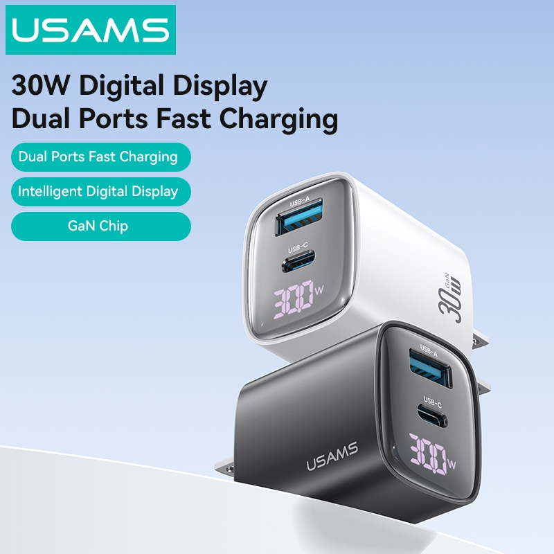 Usams 30W USB C Charger หัวชาร์จไอโฟน จอแสดงผลดิจิตอล GaN Charger PD 3. ...
