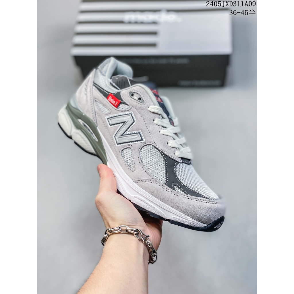 New Balance NB 990 V3 การผลิตอเมริกันระดับไฮเอนด์ รองเท้าวิ่งสีเทาระบาย ...