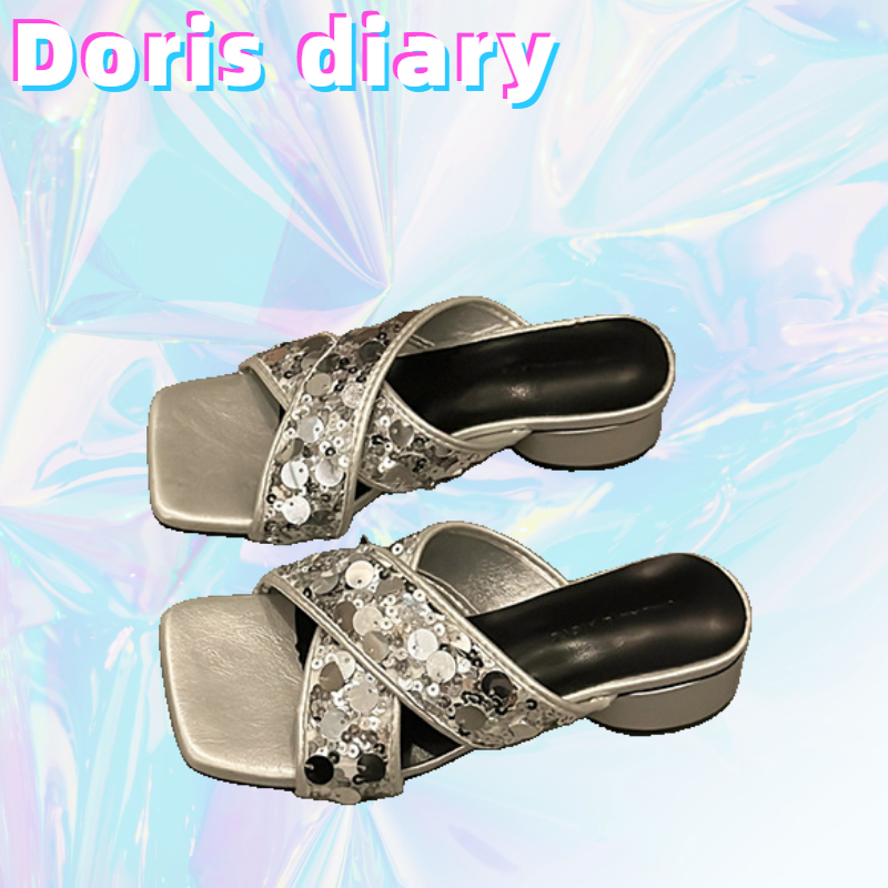 Doris diary รองเท้าส้นสูงผู้หญิง ใหม่เวอร์ชั่นเกาหลีของแฟชั่นบล็อกส้นรองเท้าแตะเลื่อมอารมณ์เงิน ...