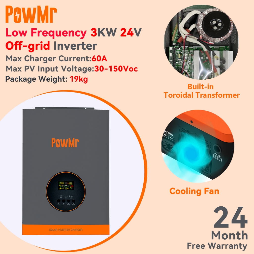 ความถี่ต่ําPowMr 3kw Hybrid Solar Inverter Off Grid 230Vac PV แรงดันไฟฟ้า 30-150Voc ในตัว 60A ...