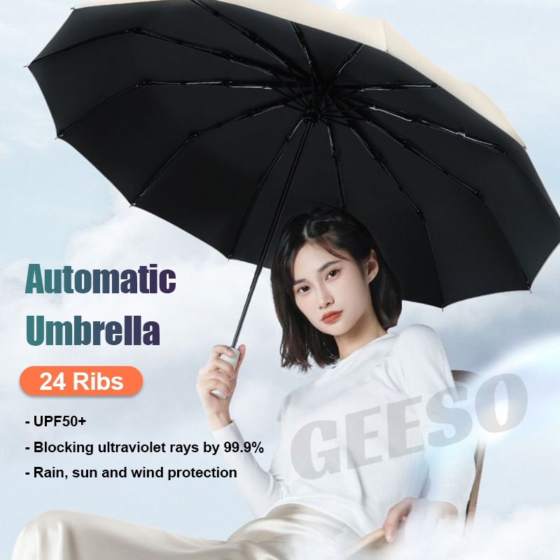 GEESO เลือกได้ 7 สี Automatic ร่ม 24 Ribs UPF50+ 23นิ้ว ร่มพับลม เส้นผ่าศูนย์กลาง 105ซม | Shopee ...
