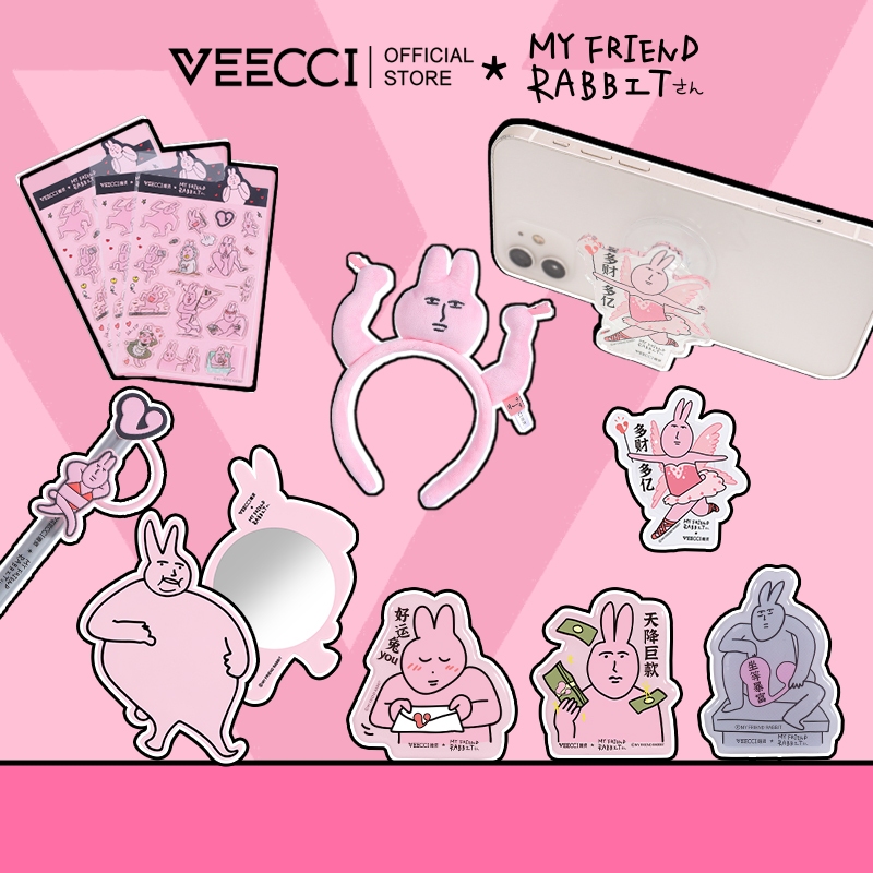 VEECCI x MY FRIEND RABBIT การ์ตูน สีชมพู ที่คาดผม สติ๊กเกอร์ กระจก ติด ...