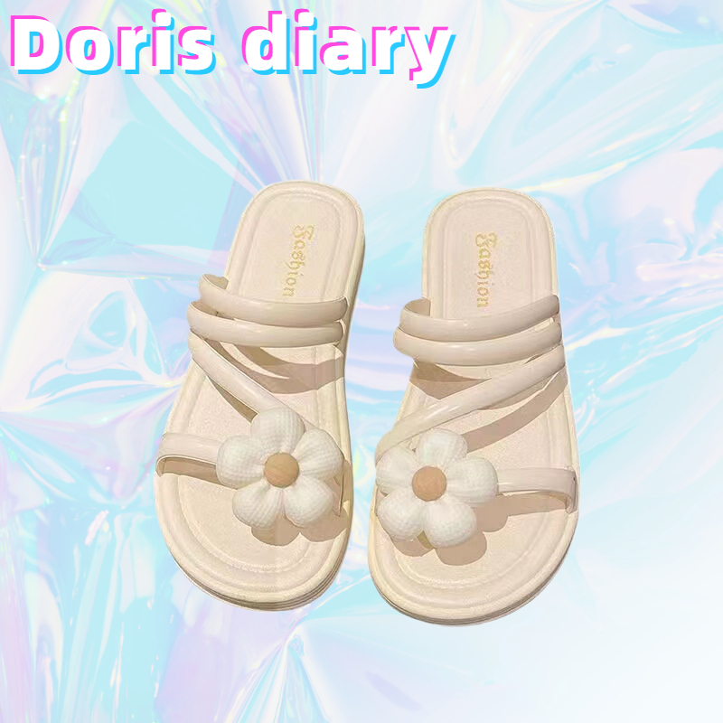 Doris diary รองเท้าแตะผู้หญิง แฟชั่นใหม่เวอร์ชั่นเกาหลีของแพลตฟอร์ม พื้นรองเท้า รองเท้าแตะดอกไม้ ...