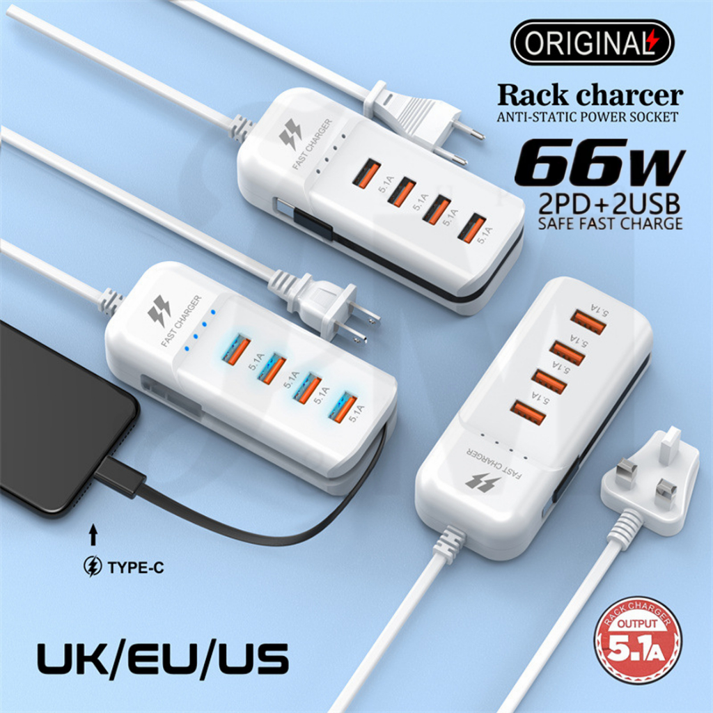 66w ปลั๊ก USB Power Strip Charger Station Splitter 5V4A USB TYPE C 3.0 ...