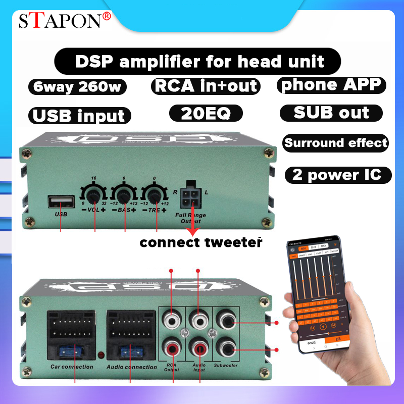 STAPON 6way 260w 6 ช่อง 20EQ DSP เครื่องขยายเสียงโทรศัพท์ app SUB เอาต์พุตเสียงอินพุต USB เสียง ...