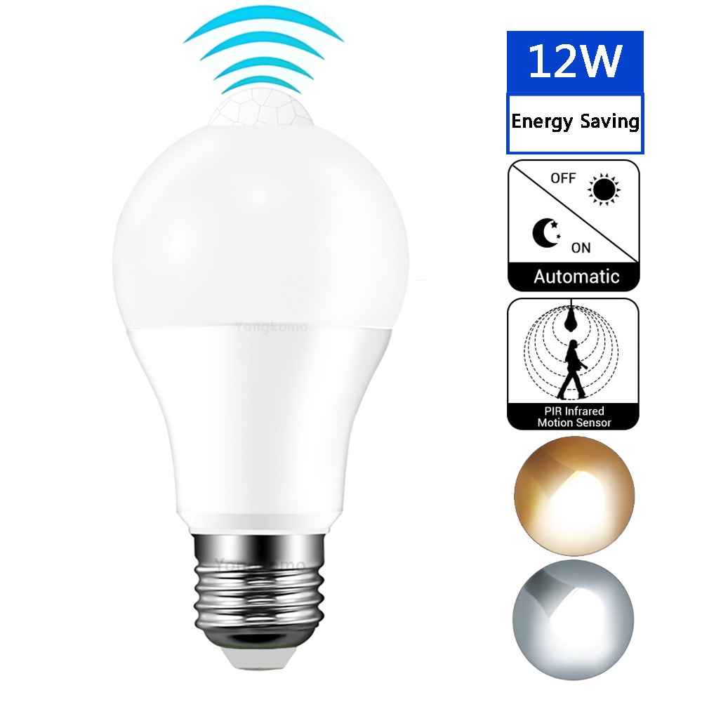 E27 12W หลอดไฟ LED สมาร์ท PIR Motion Sensor โคมไฟ AC110V-220V สําหรับบันไดห้องน้ํา Porch โรงรถ ...
