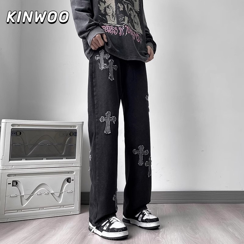 Kinwoo กางเกงยีนขายาวลําลอง กางเกงยีนส์ปักครอส อเมริกันไฮสตรีท วินเทจ ...