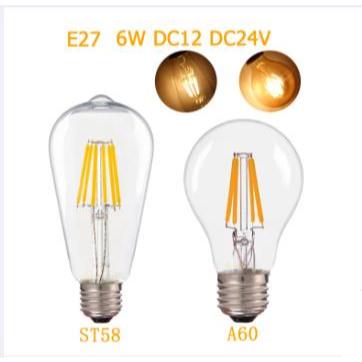 E27 หลอดไฟ LED โคมไฟ COB LED Filament หลอดไฟ DC24V 12V 6W ST58 A60 ...