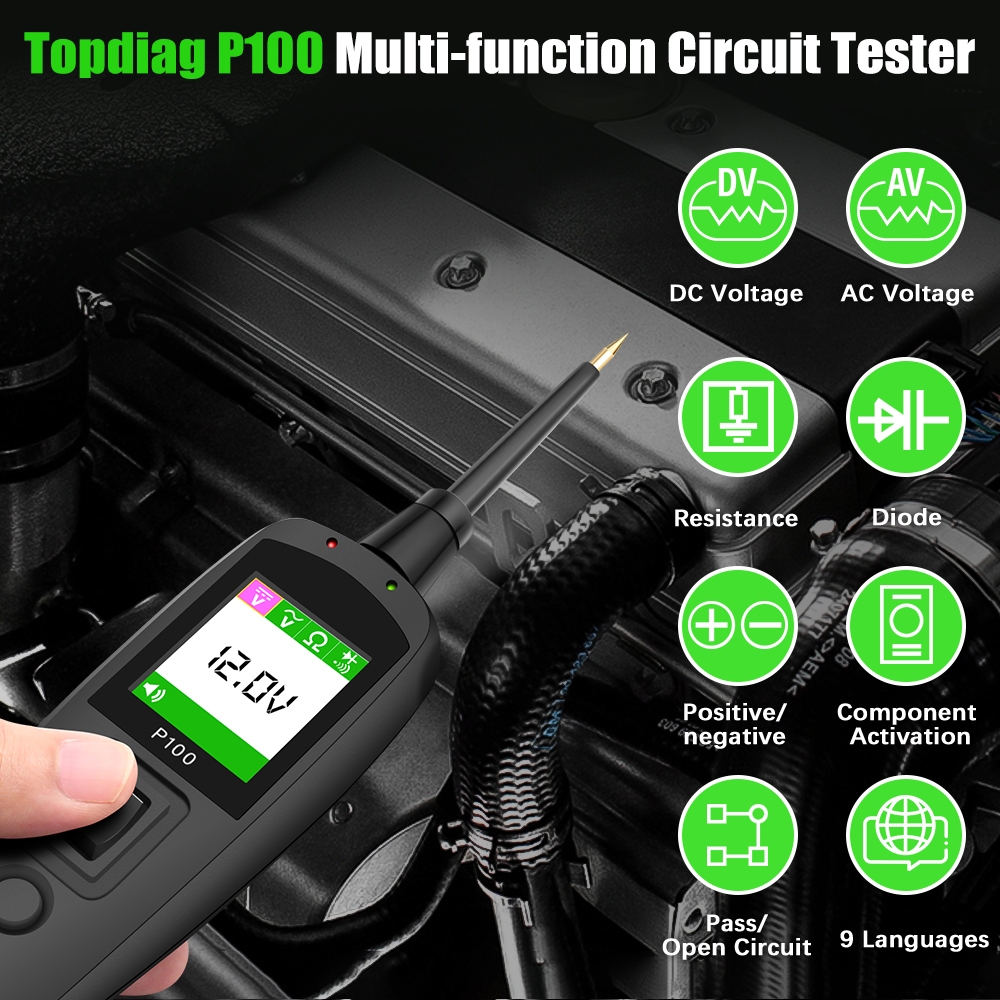Topdiag P100 เครื่องทดสอบวงจรไฟฟ้า หน้าจอ Lcd แบตเตอรี่รถยนต์ 12V 24V ...