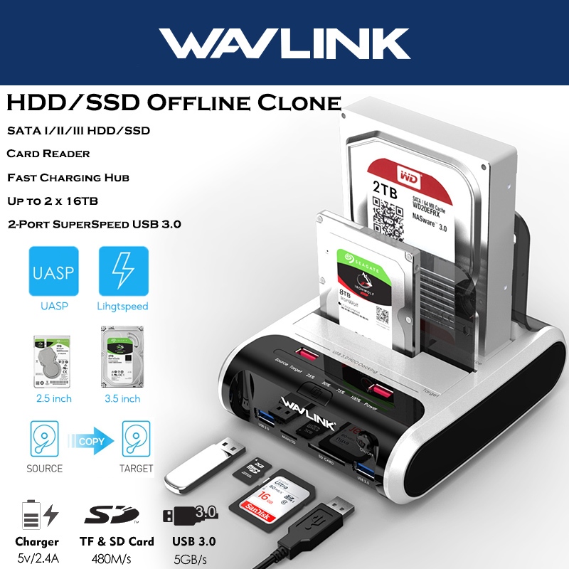Wavlink HDD SSD Clone Docking Station USB 3.0 ถึง SATA 2*16GB Hard ...