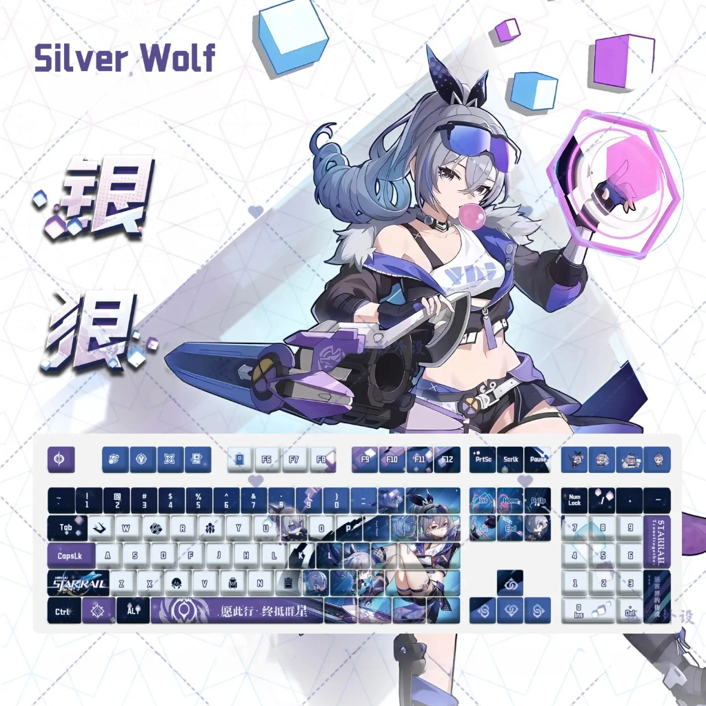 ฝาครอบคีย์บอร์ด 129 ปุ่ม/ชุด Silver Wolf Honkai: สตาร์เรล PBT Keycaps ...