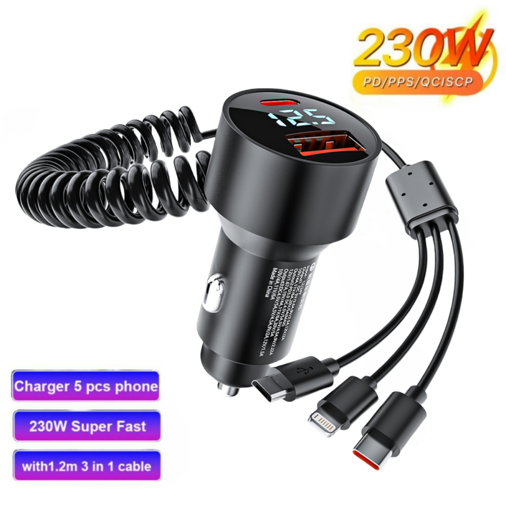 3 in 1 อะแดปเตอร์ชาร์จโทรศัพท์ในรถยนต์ Micro USB Type C 230W ยืดหดได้ ...