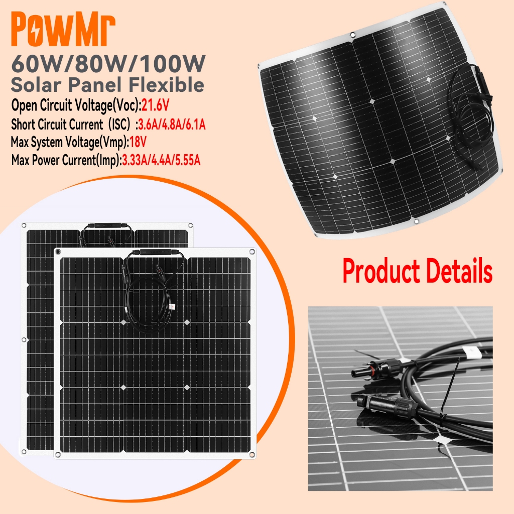 【Ready Stock】PowMr 60W/80W/100W แผงโซลาร์เซลล์แบบยืดหยุ่น ...