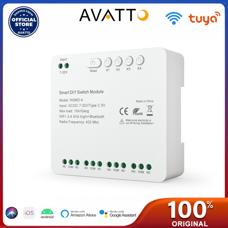 Avatto Tuya โมดูลสวิตช์อัจฉริยะ WiFi 4 ช่อง 7-32V 85-250V RF 433 พร้อม ...