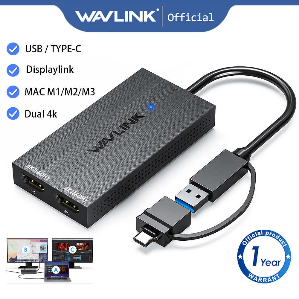 Wavlink อะแดปเตอร์ USB เป็น Dual HDMI พร้อมชิป Displaylink รองรับ Dual 4K 60HZ และสูงสุด 6 ...