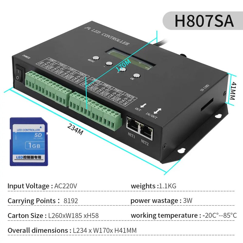 H807sa 8CH H807SB WIFI 4CH Artnet/DMX ถึง SPI Led Pixel Controller พร้อมการ์ด SD สําหรับ WS2811 ...
