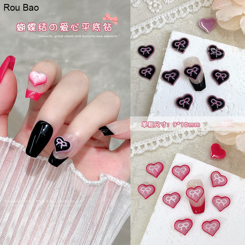 Rou Bao 50 ชิ้นเล็บโบว์หัวใจ Rose สีชมพูสีดํา Girly 3D เรซิ่นเล็บ Art ...