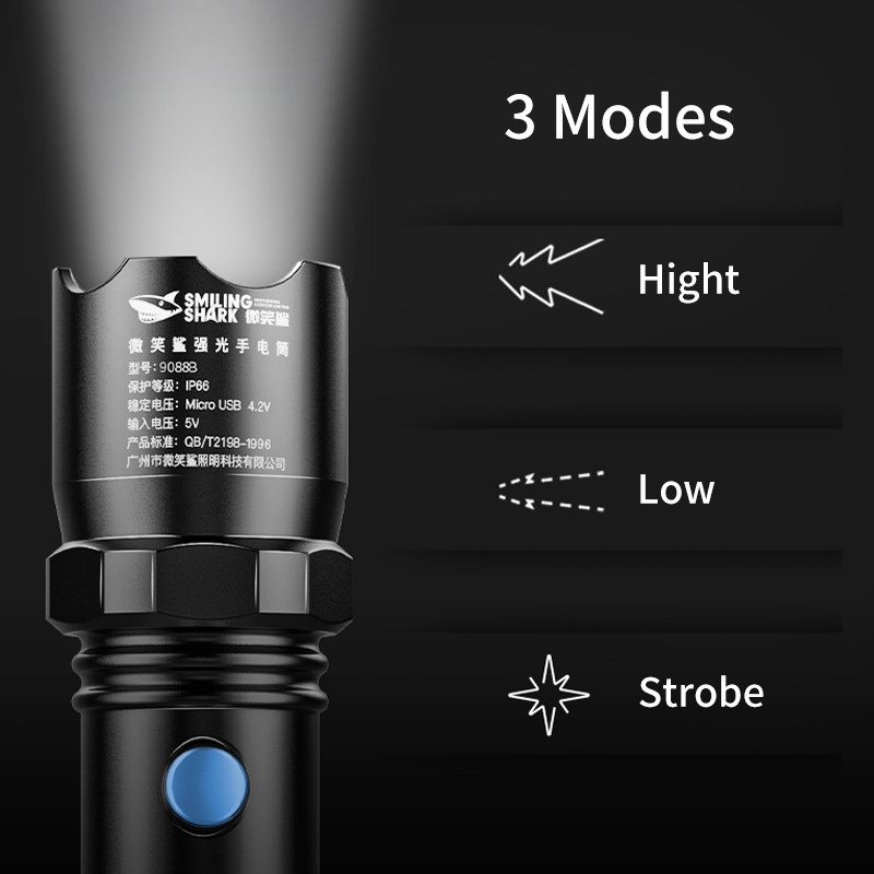 SmilingShark 9088B ไฟฉาย led แสงที่แข็งแกร่ง แบบพกพา คบเพลิง ซุปเปอร์ไบรท์ USB ชาร์จใหม่ได้ 3 ...