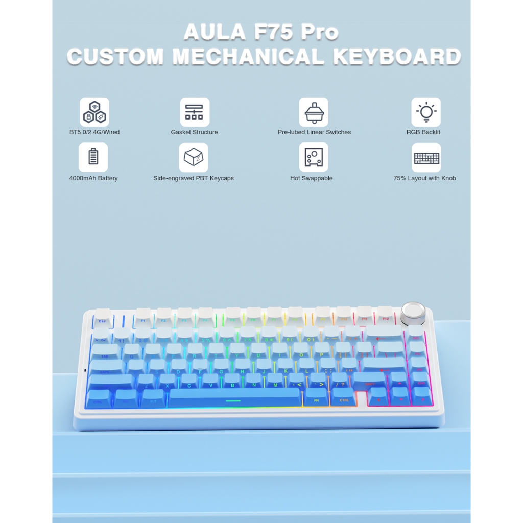 Aula F75 คีย์บอร์ดแบบกําหนดเอง Tri-Mode RGB Hot-swap รองรับการปรับแต่ง ...