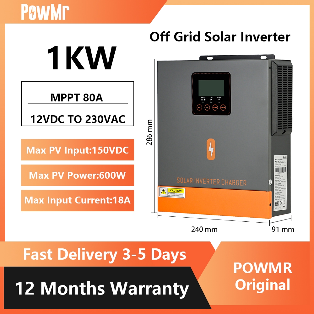 PowMr 1KW 12V Hybrid Solar Inverter 230Vac PV เริ่มต้นแรงดันไฟฟ้า 20Voc ในตัว 80A MPPT Solar ...