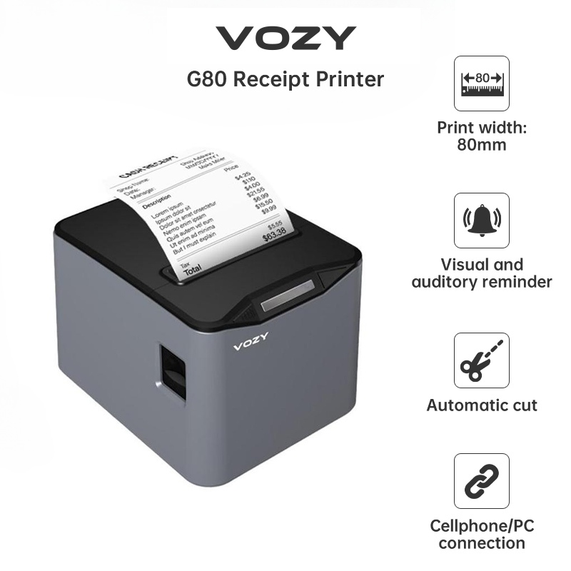 VOZY G80 เครื่องพิมพ์ใบเสร็จ 80 มม. USB+Bluetooth เครื่องพิมพ์ POS เทอร ...