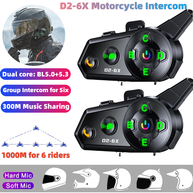 D2-6x หมวกกันน็อครถจักรยานยนต์ Intercom 1000M ระยะทางไร้สาย Interphone สําหรับ 6 Riders ทีม Ride ...