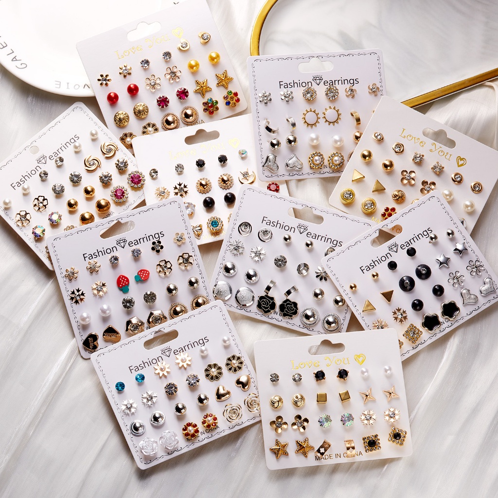 Jushi 12 คู่ดอกไม้หัวใจริบบิ้น Star Moon เพชรชุด Carded Stud ต่างหู ...