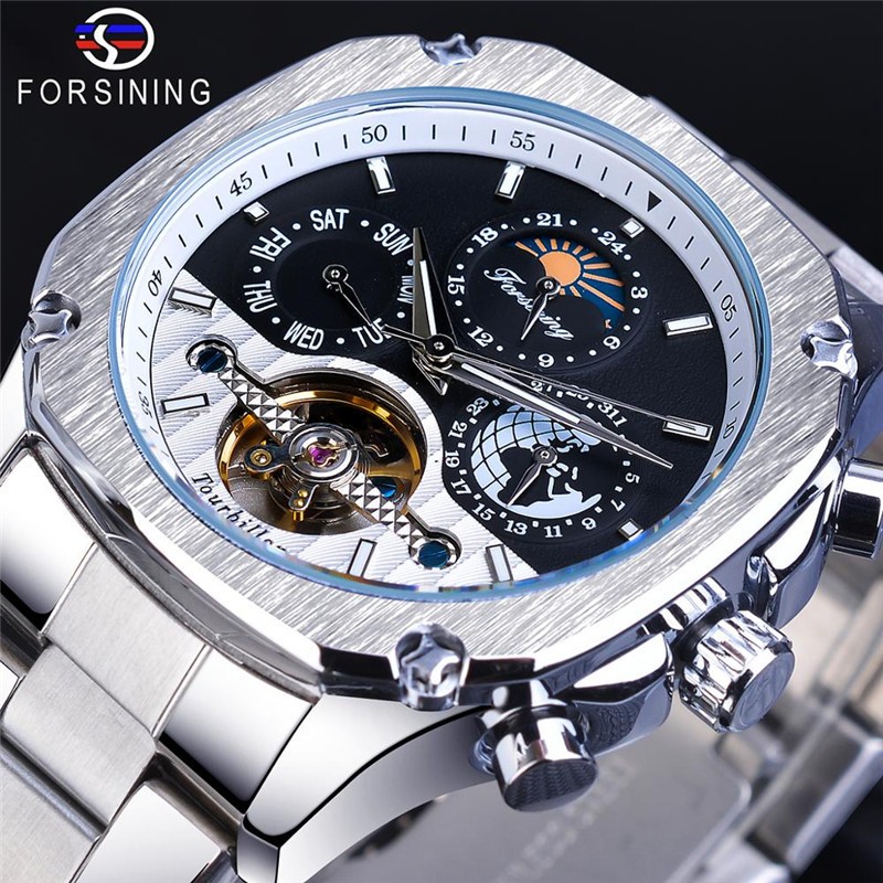 Forsining Automatic Mechanical Mens Watch Silver Square Stainless Steel ...