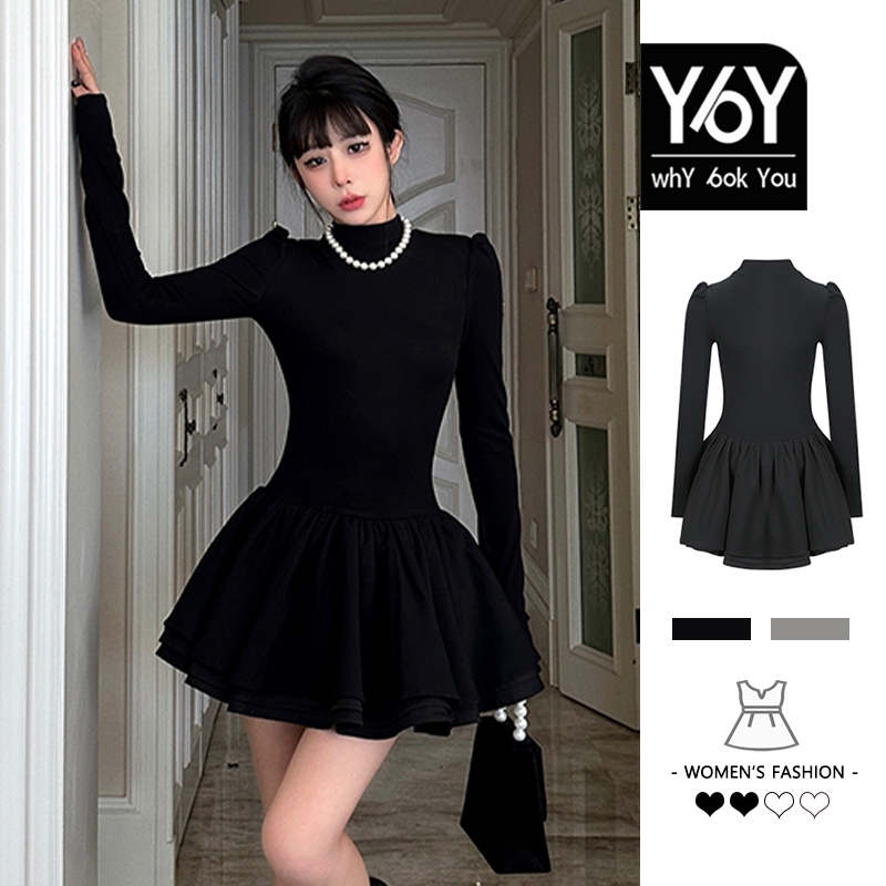 Y6Y เสื้อผ้าผู้หญิงแฟชั่น เดรสสั้นแขนยาวคอปกครึ่งสูงสีดำ สไตล์เฮปเบิร์น ...