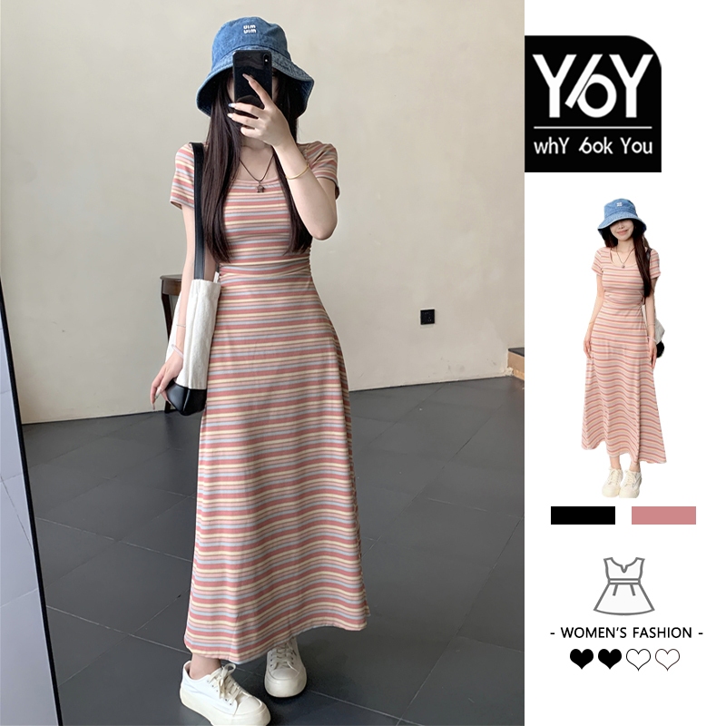 Y6y ชุดเดรสสุภาพสตรีแขนสั้นคอเหลี่ยมลายทางสีชมพูแฟชั่น C5L42584 (สีชมพู ...