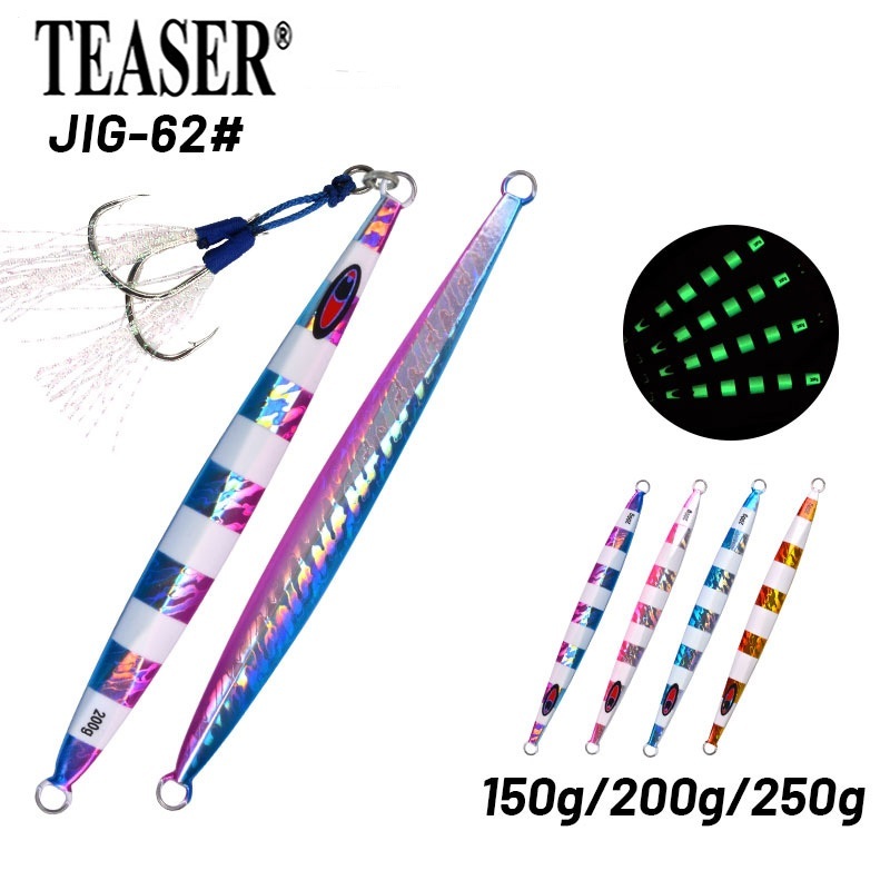 TEASER【J62】150g 200g 250g ช้าโลหะตกปลา Jig Stripe Luminous เหยื่อตกปลาน้ําเค็ม Deepsea Fast Fall ...