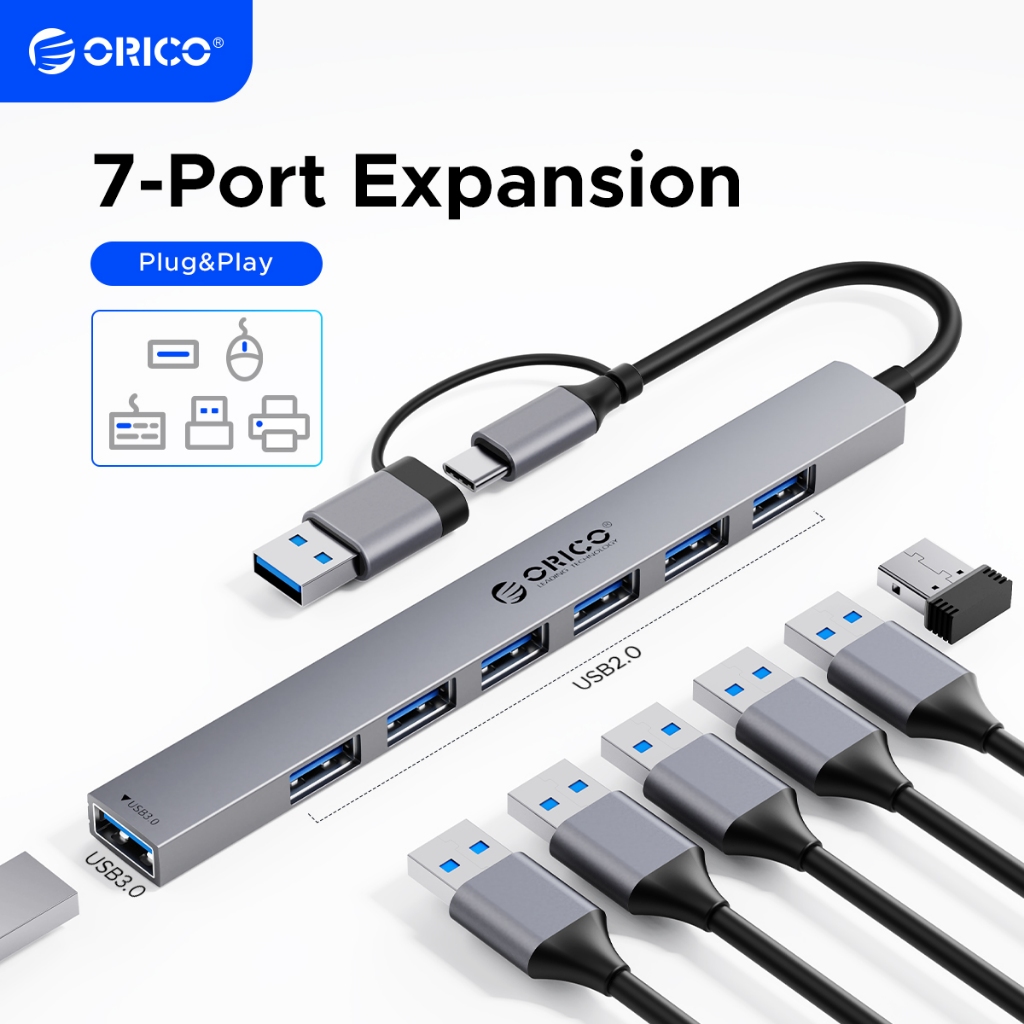 Orico USB HUB 7-in-1 USB A/Type C ถึง USB 3.0 HUB อลูมิเนียม USB ...