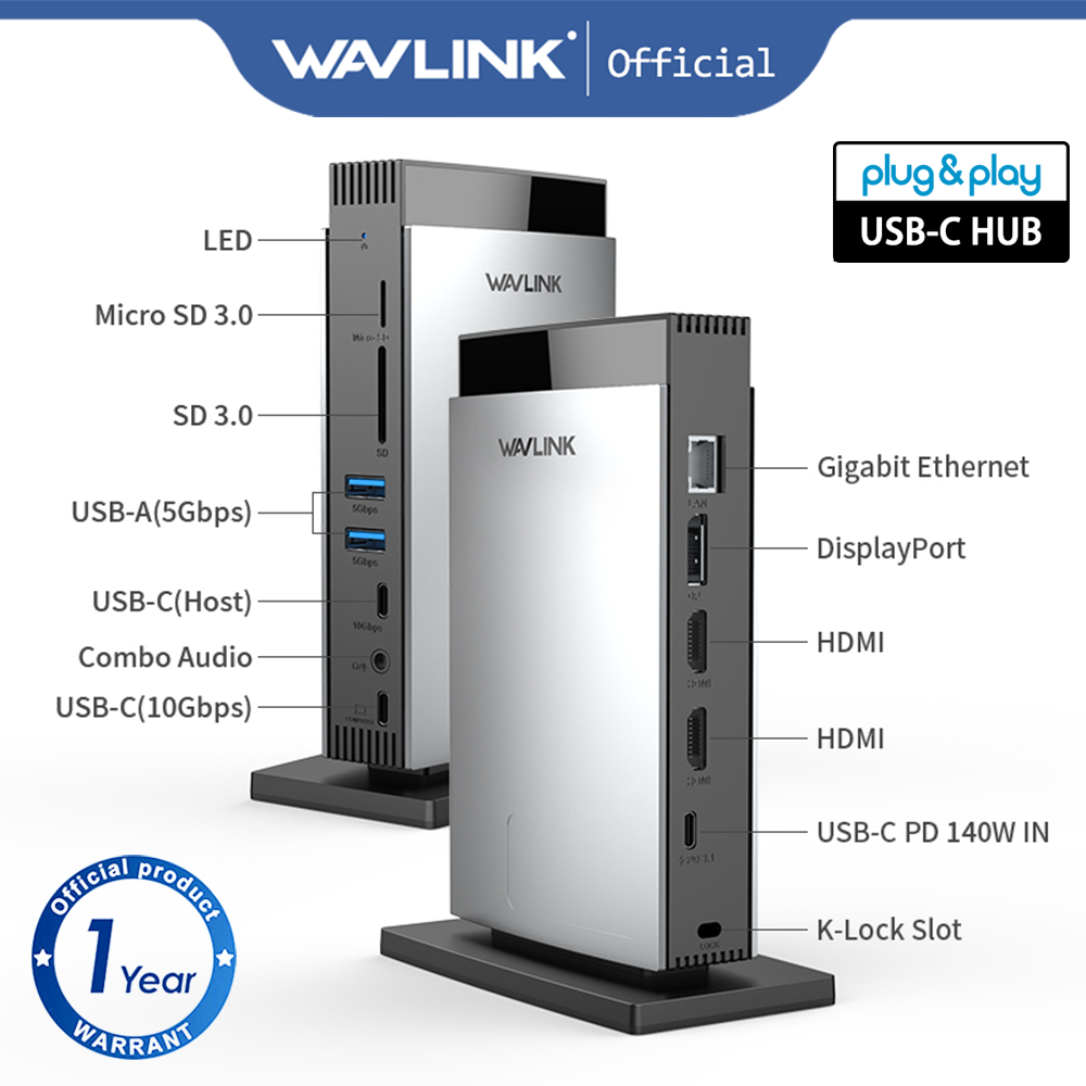 Wavlink 13 in 1 USB HUB Docking PD 140W 4K HDMI DP 10gb พอร์ต USB ...